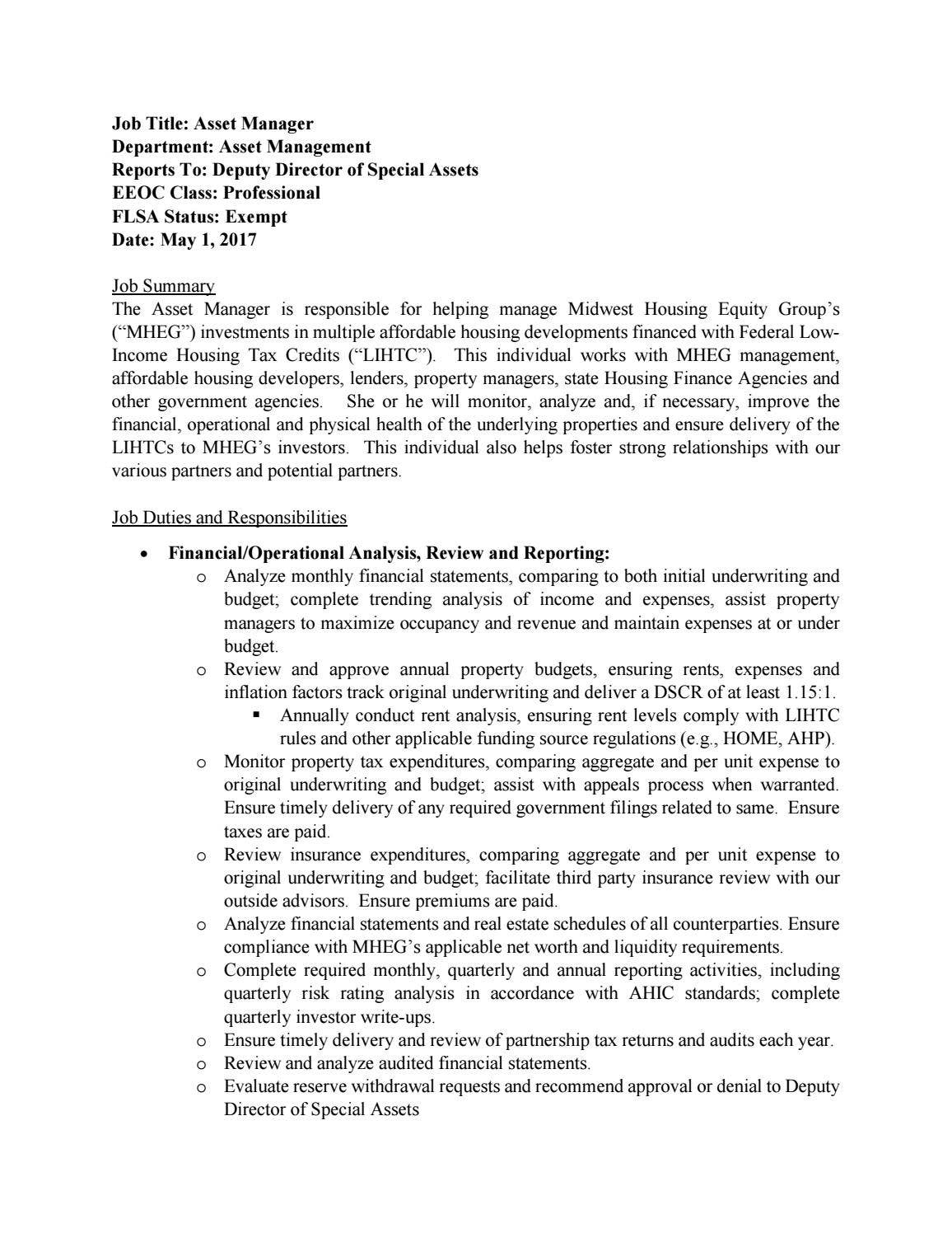 Asset Manager job description by MHEGINC - Issuu