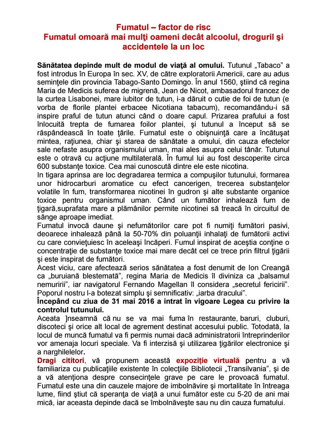 Fumatul - factor de risc al sănătăţii omului by Biblioteca Transilvania ...