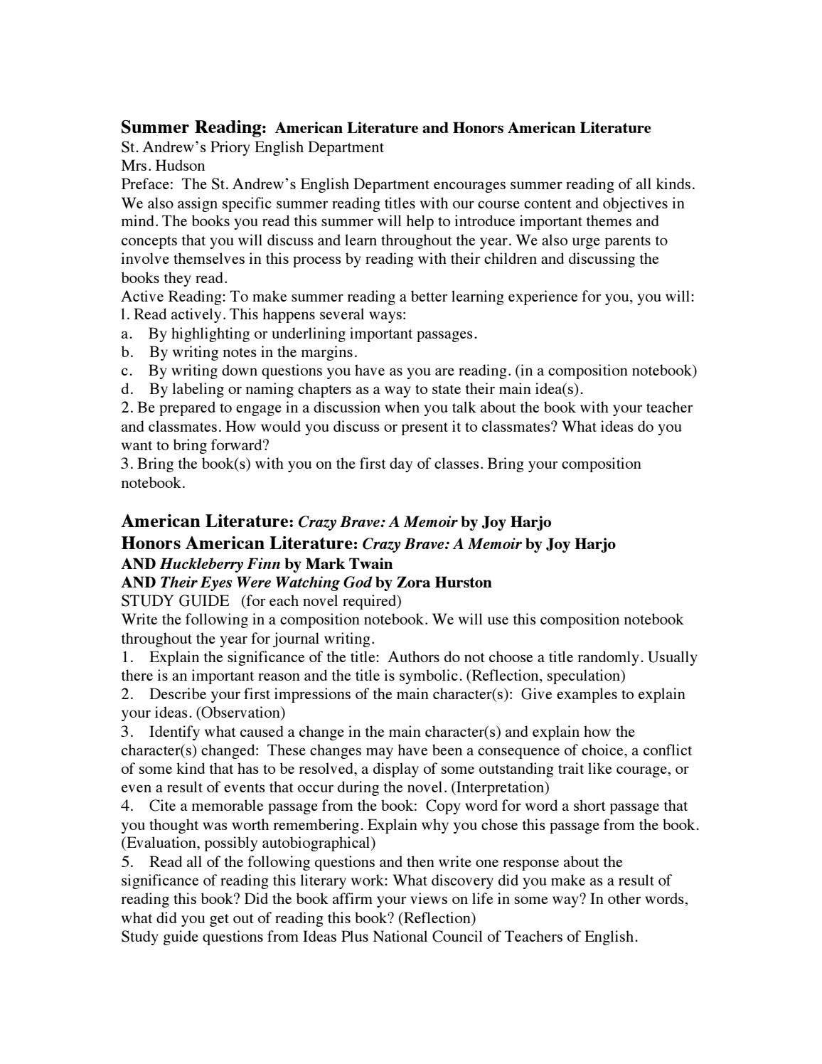 American Literature Summer Homework by St. Andrews Schools - Issuu