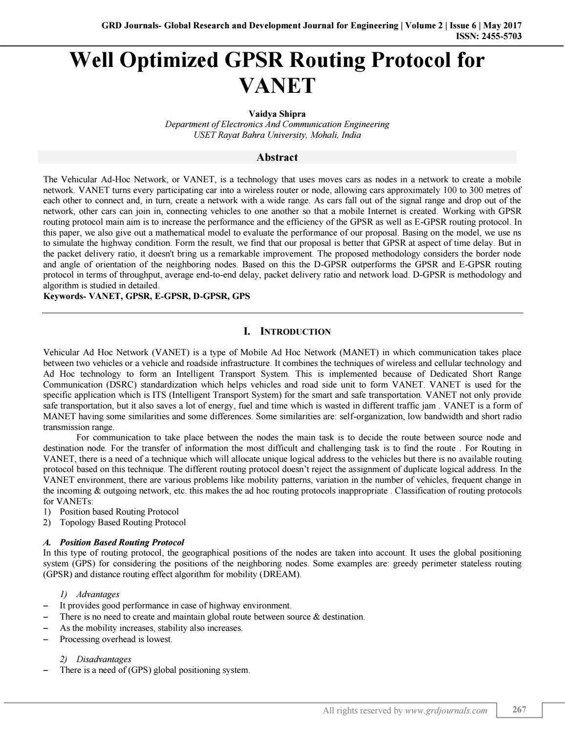 Well Optimized GPSR Routing Protocol for VANET by GRD Journals - Issuu