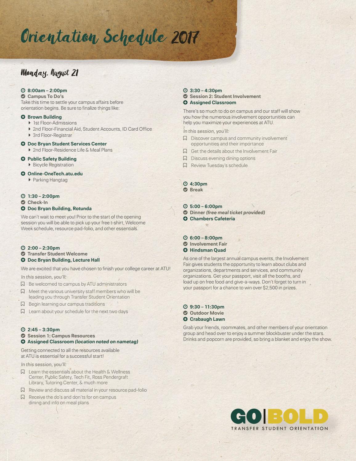 Transfer Student Orientation Schedule (2017) by Arkansas Tech ...