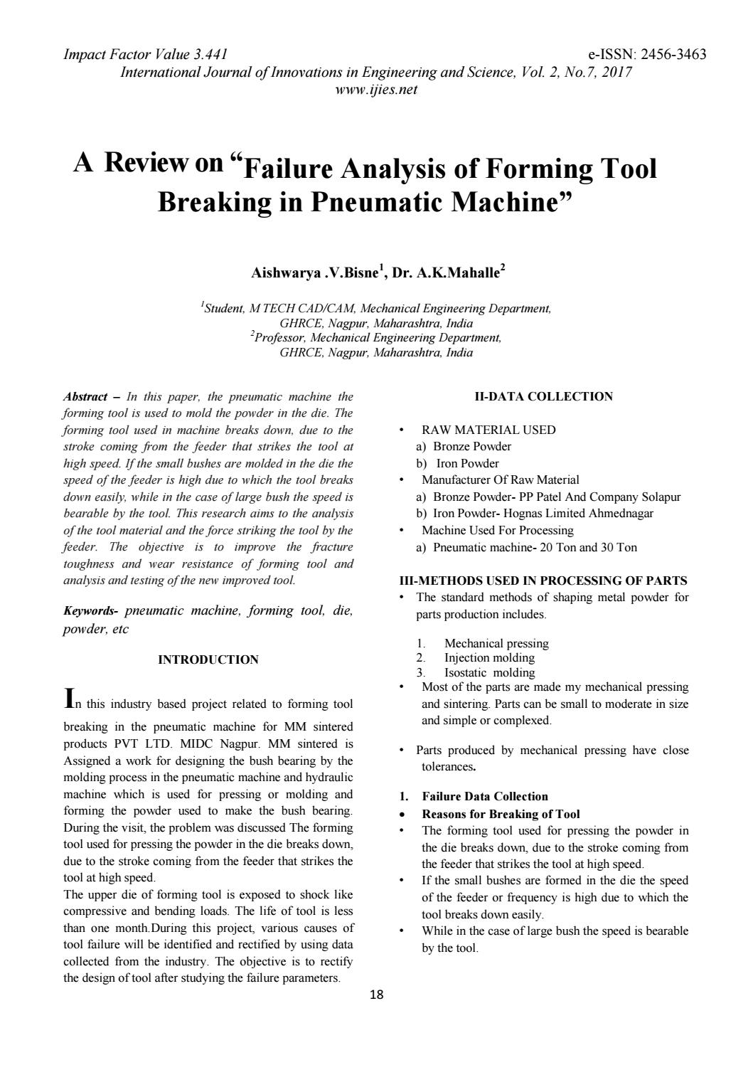 A review on “ failure analysis of forming tool breaking in pneumatic ...