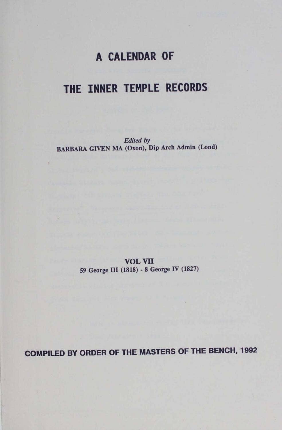 Calender of inner temple records vol 7 1818 1827 by The Inner Temple ...