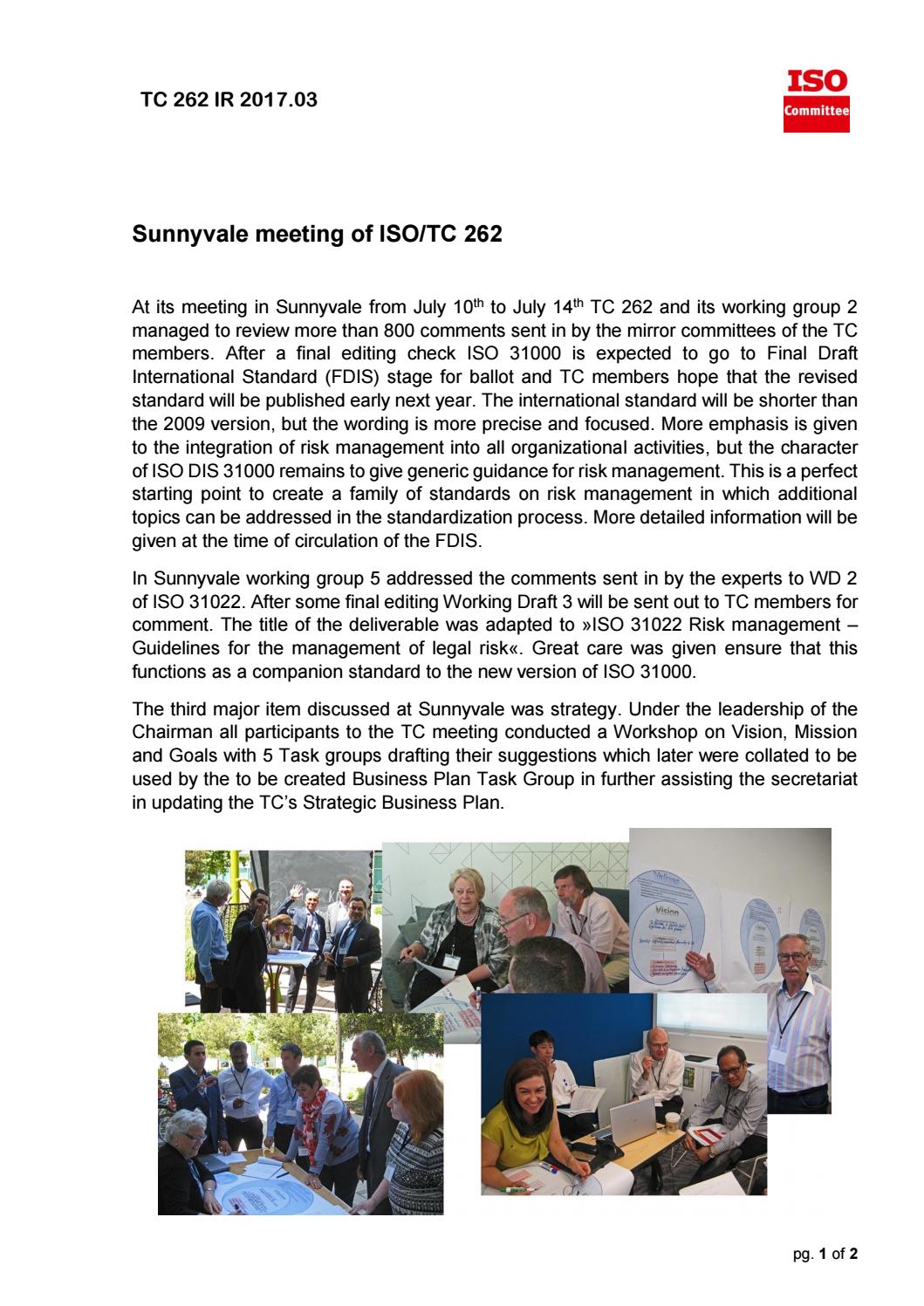 Comunicado do ISO/TC 262 sobre a Revisão da ISO 31000 de Gestão de ...