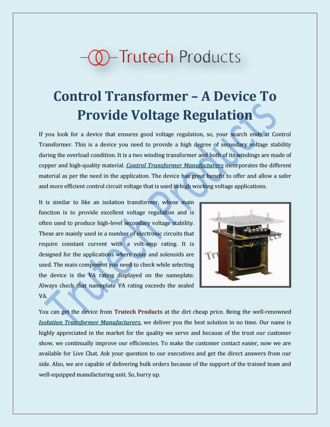 Control Transformer–A Device to Provide Voltage Regulation by Trutech ...