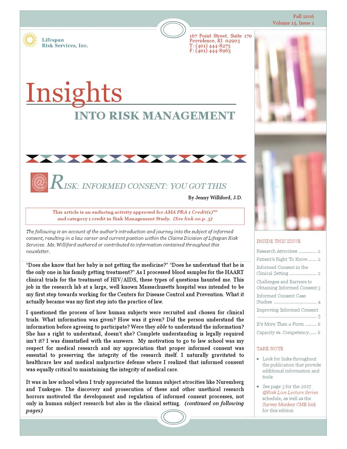 Insights Into Risk Management: Fall 2016 by Lifespan Health System - Issuu