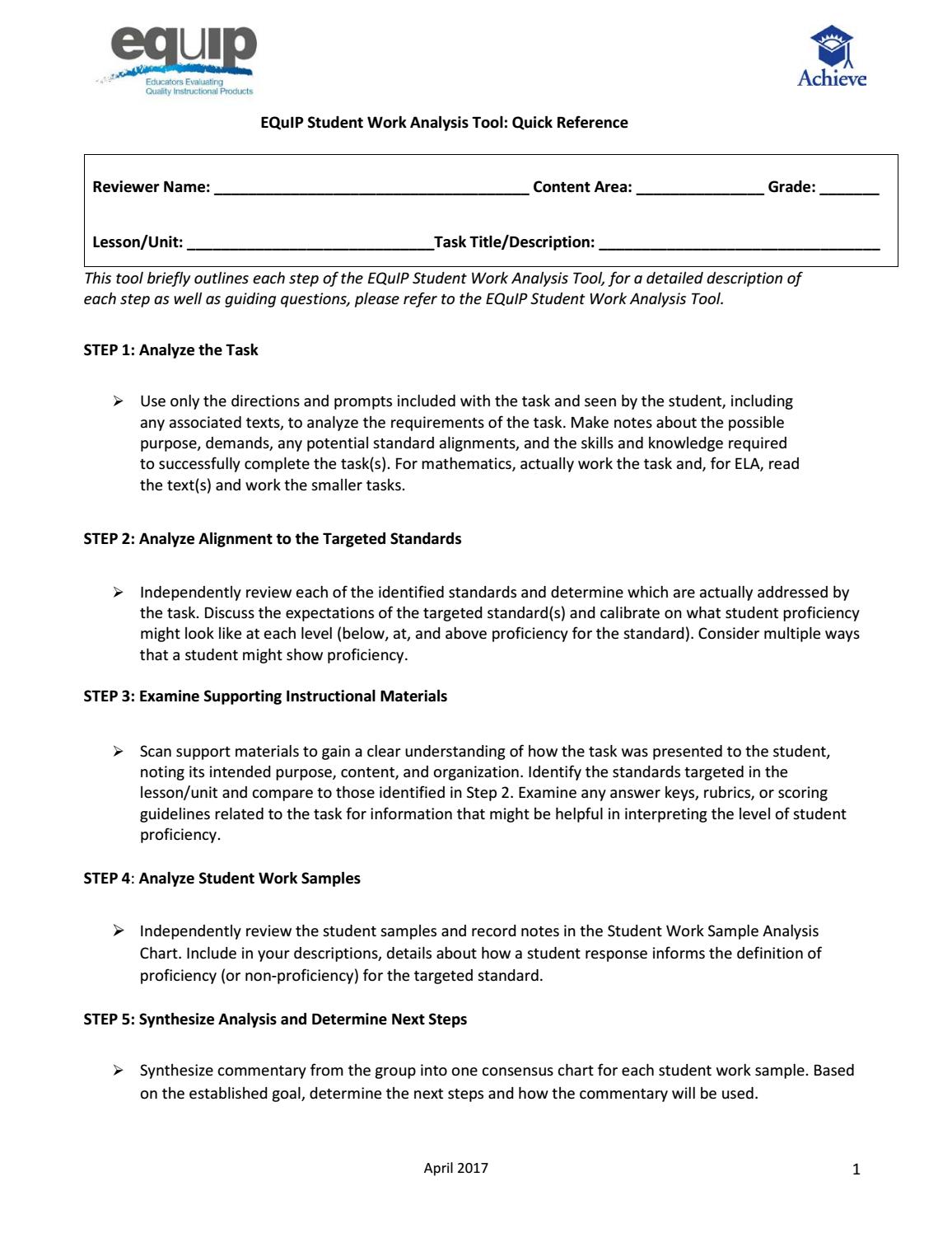 Student Work Analysis Tool: Quick Reference by NextGenScience - Issuu