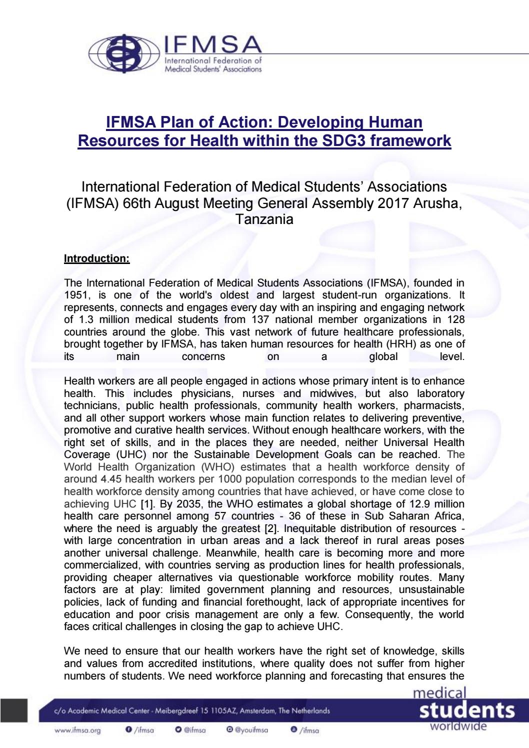 IFMSA Plan of Action : Human Resources For Health Within The SDG3 ...