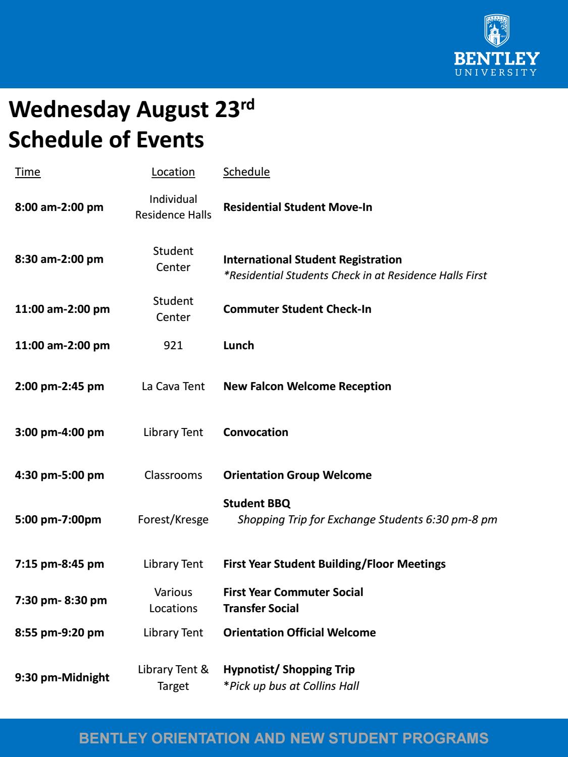 Undergraduate new student orientation schedule august 2017 by Bentley ...