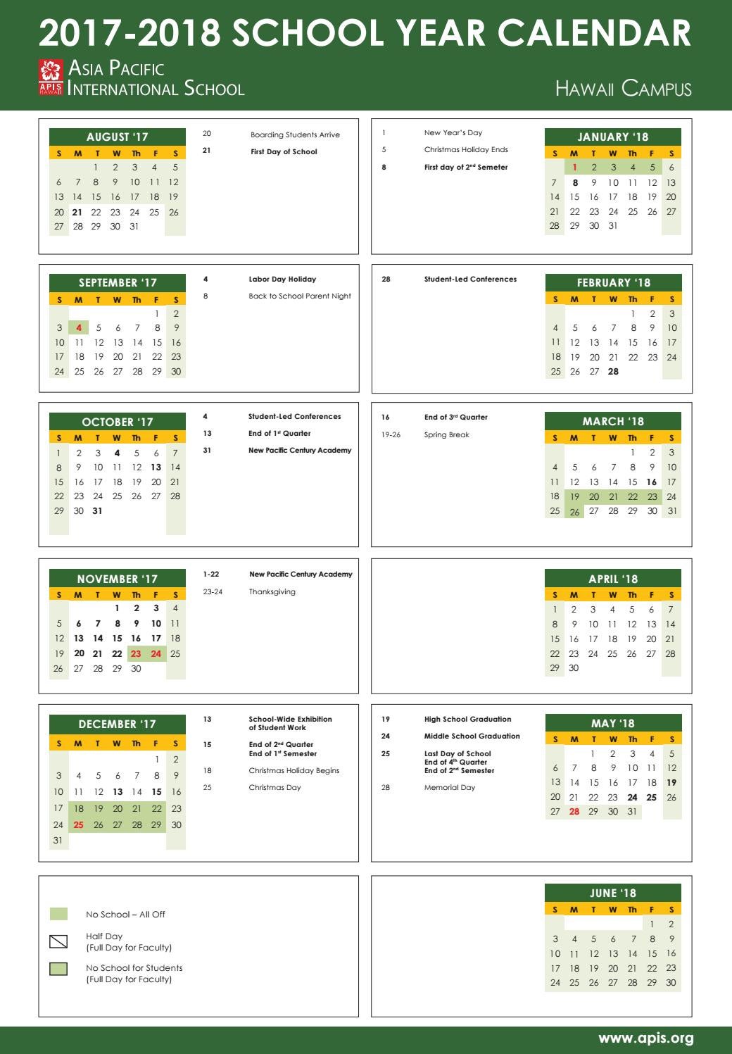 2017-2018 School Year Calendar Hawaii by Asia Pacific International ...