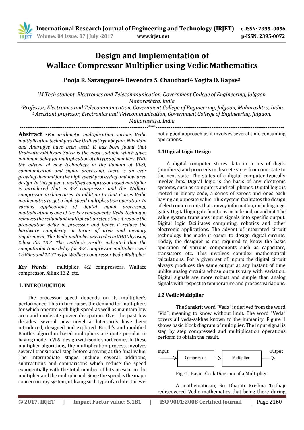Design and Implementation of Wallace Compressor Multiplier using Vedic ...