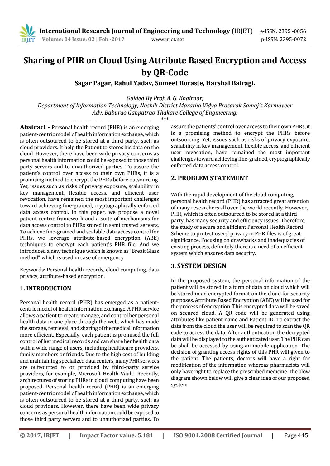 Sharing of PHR on Cloud Using Attribute Based Encryption and Access by QR-Code by IRJET Journal ...