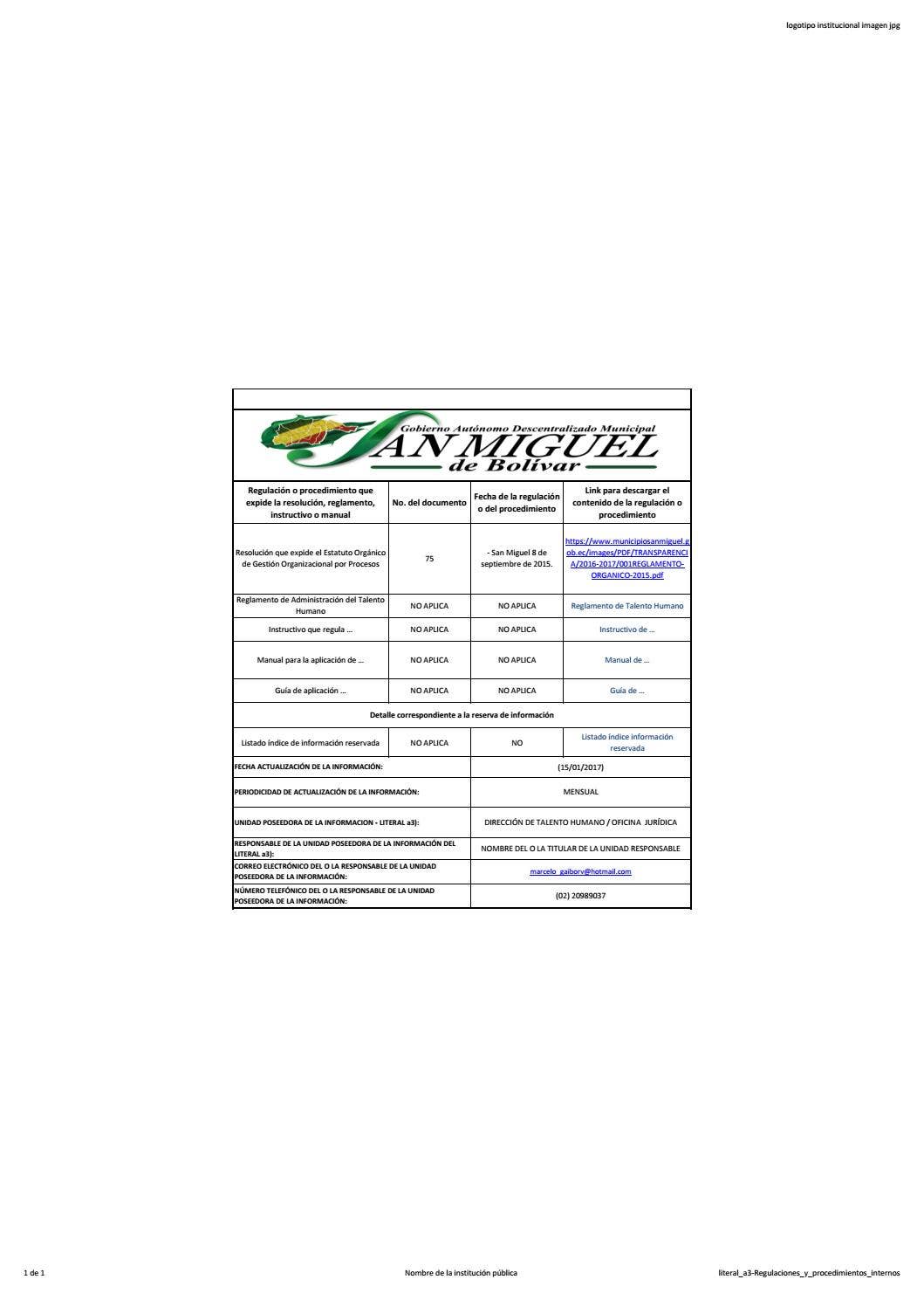 Literal a3 regulaciones y procedimientos internos by GADM SAN MIGUEL DE ...
