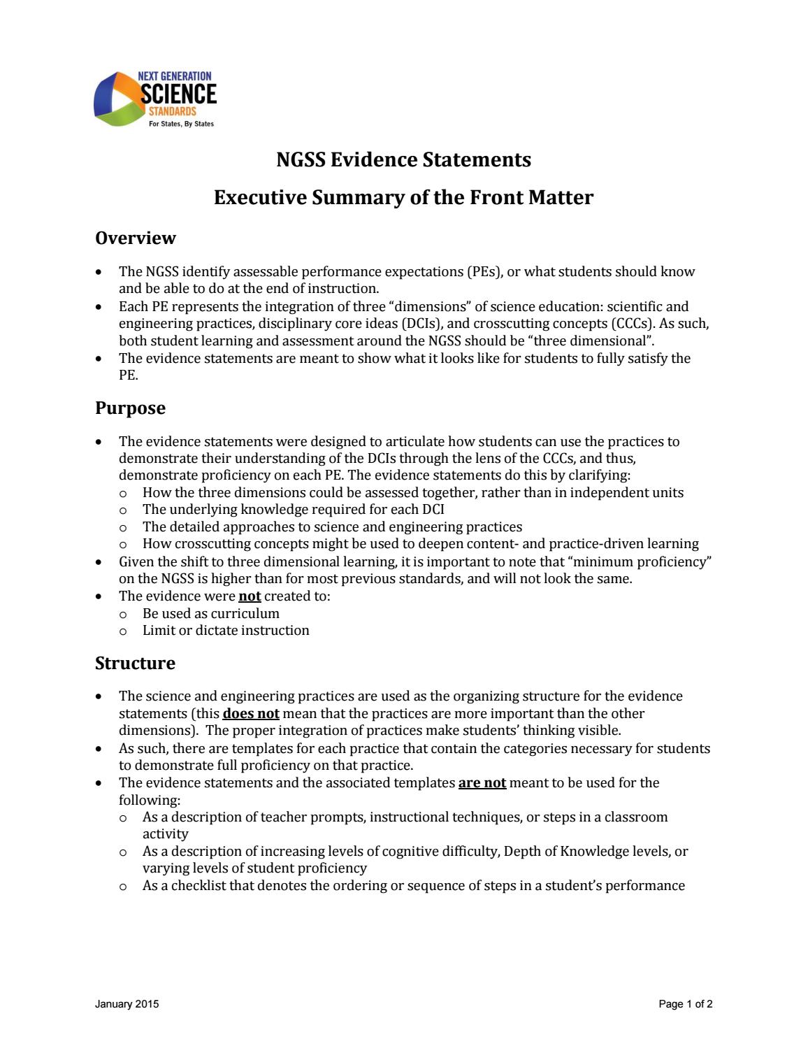 NGSS Evidence Statements Executive Summary by NextGenScience - Issuu