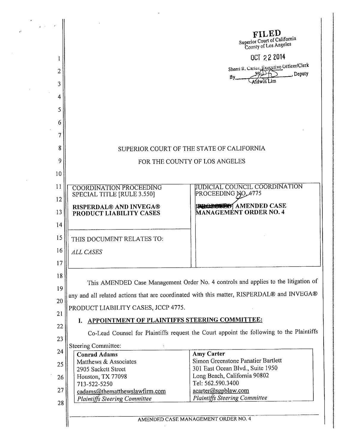 Case Management Order No. 4 (Amended) re PSC(10 22 14) by JCCP ...