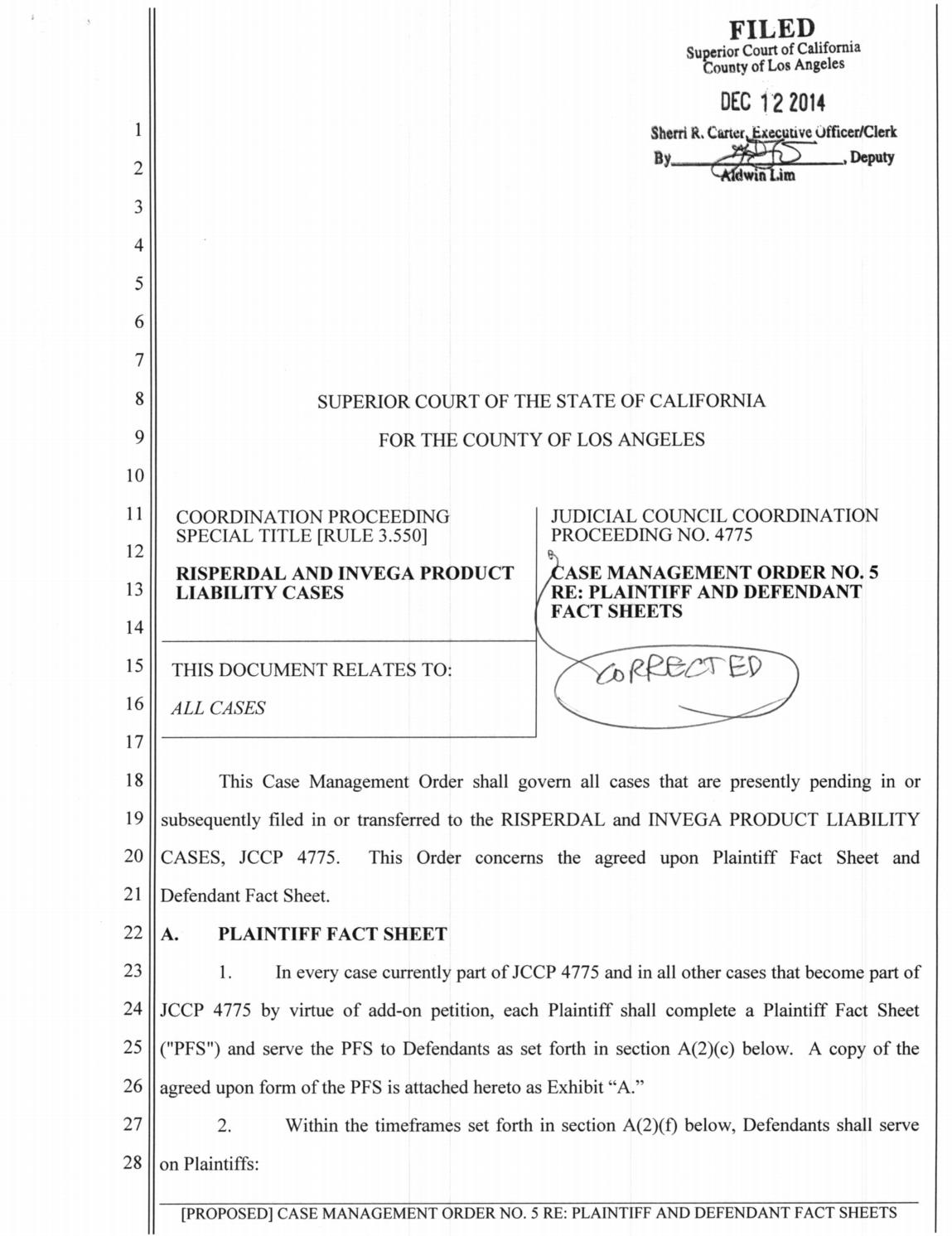 Case management order no 5 (amended) re fact sheets (12 12 14) by JCCP ...