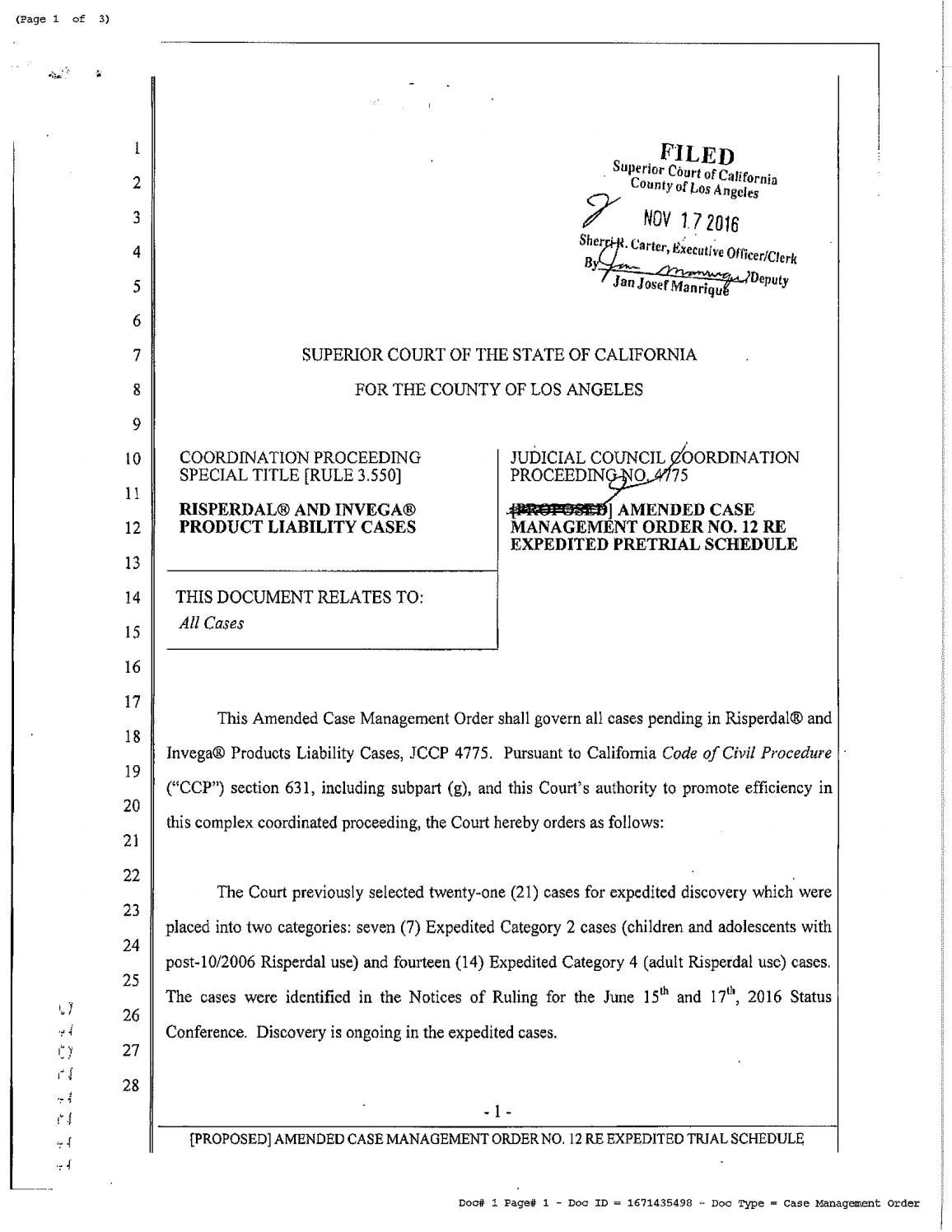 Case management order no 12 (amended) re exped pretrial sched (11 17 16 ...