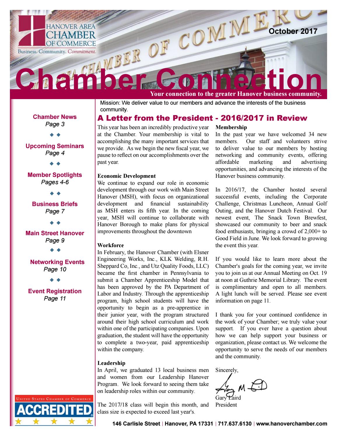 October 2017 Chamber Connection by Hanover Area Chamber of Commerce - Issuu