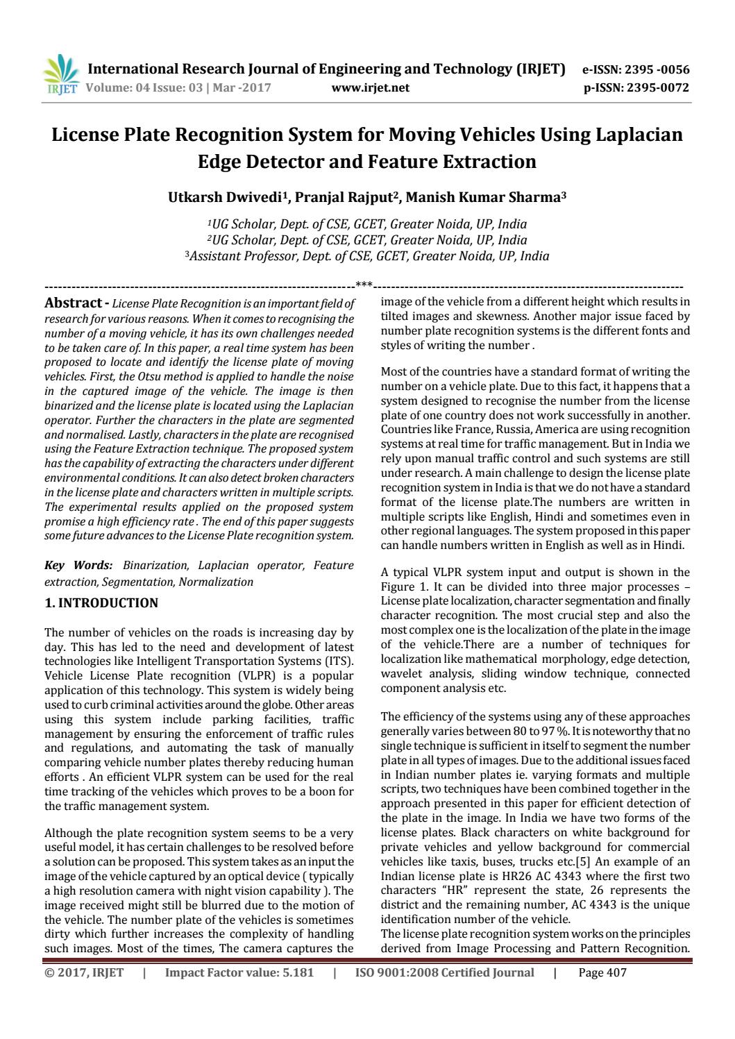 License Plate Recognition System For Moving Vehicles Using Laplacian license-plate-recognition-system-for-moving-vehicles-using-laplacian
