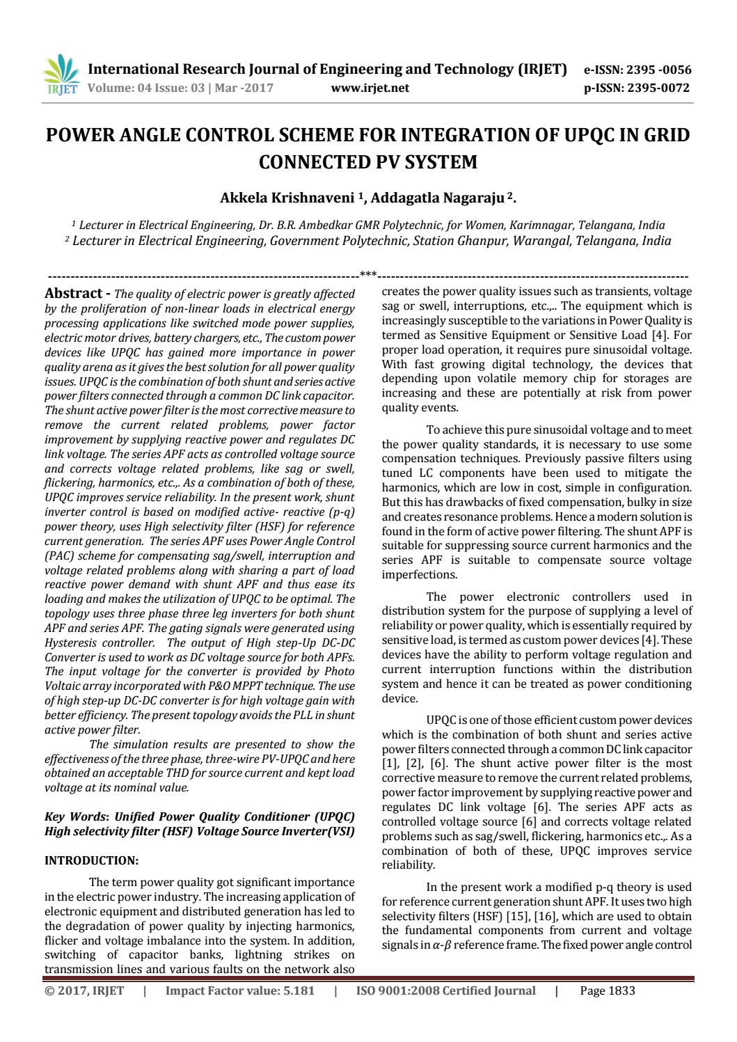 Power Angle Control Scheme for Integration of UPQC In Grid Connected PV ...