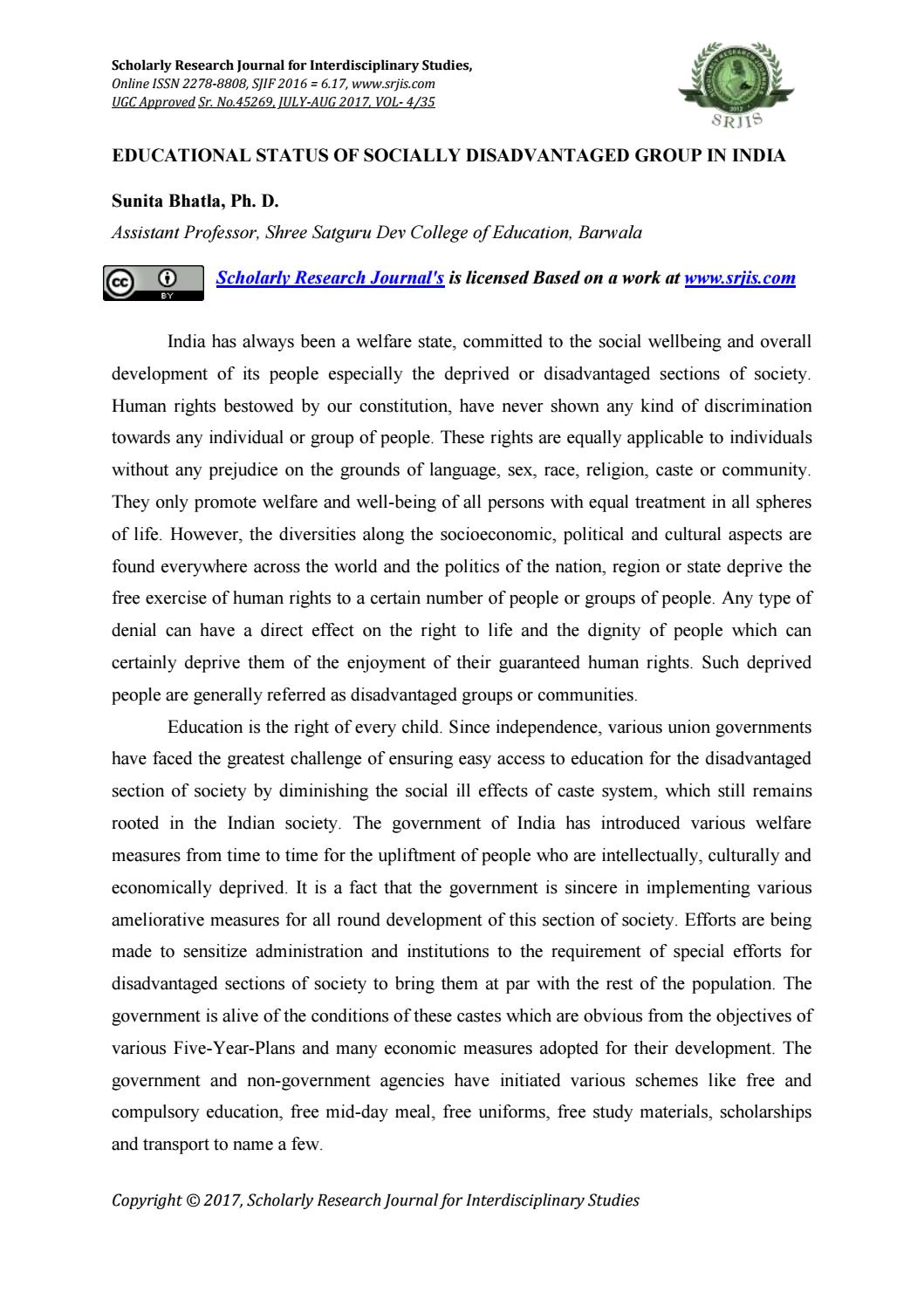 EDUCATIONAL STATUS OF SOCIALLY DISADVANTAGED GROUP IN INDIA by ...