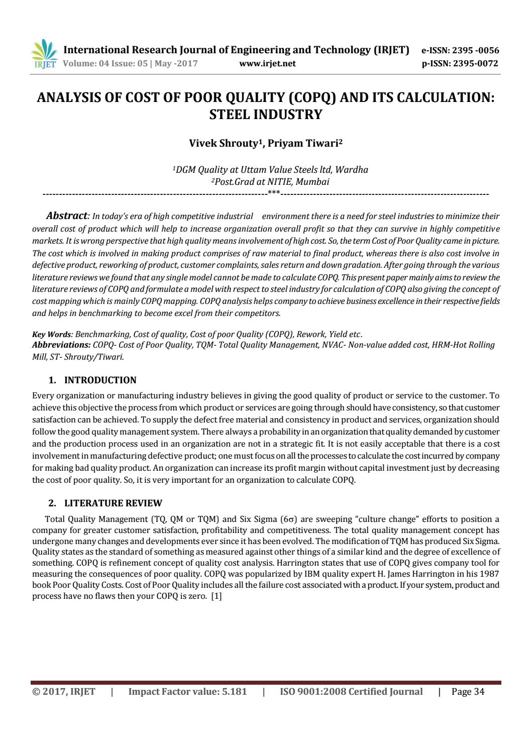 Analysis of Cost of Poor Quality (COPQ) and its Calculation: Steel ...