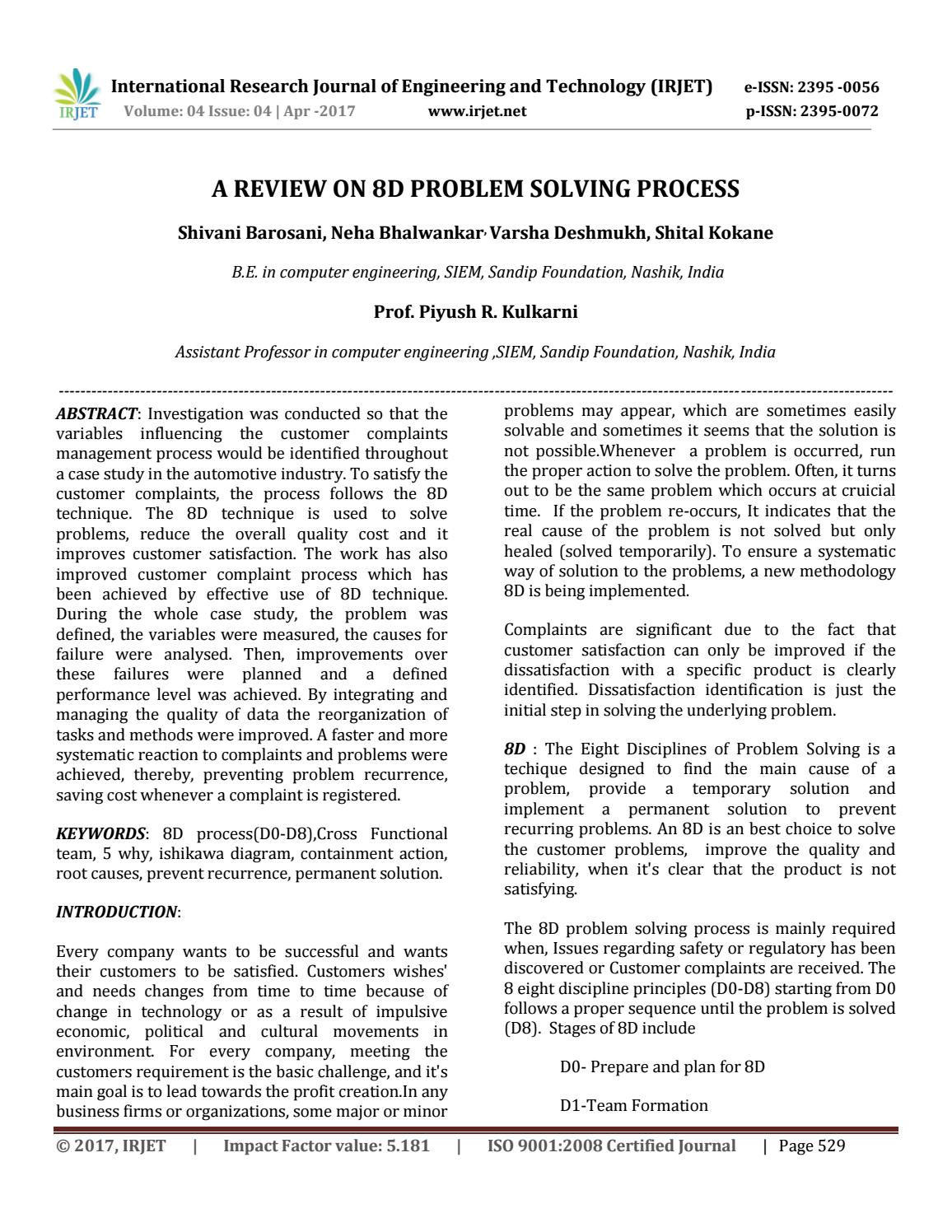 A Review on 8d Problem Solving Process by IRJET Journal - Issuu