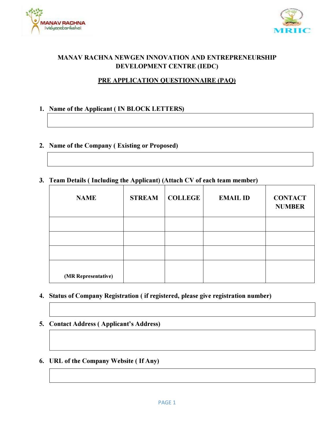 Basic Applicant Questionnaire Sample