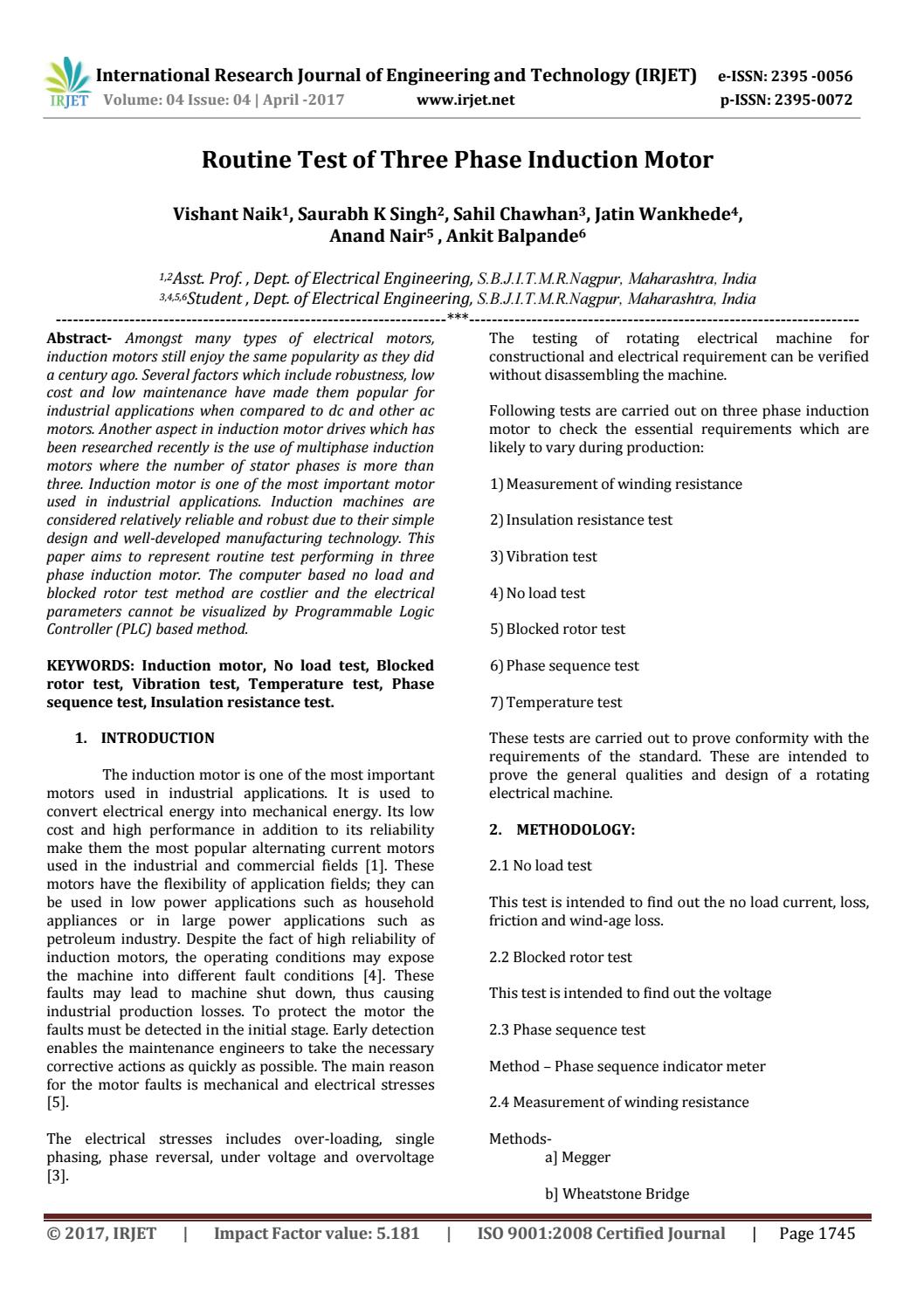 Routine Test Of Three Phase Induction Motor By IRJET Journal Issuu