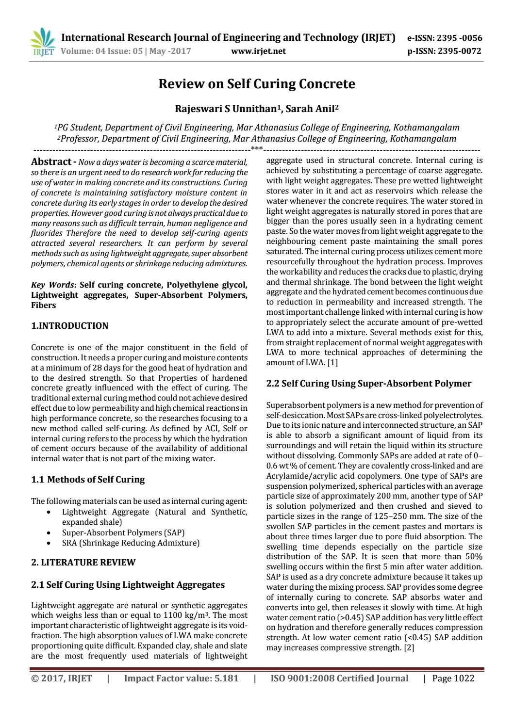 Review on Self Curing Concrete by IRJET Journal - Issuu