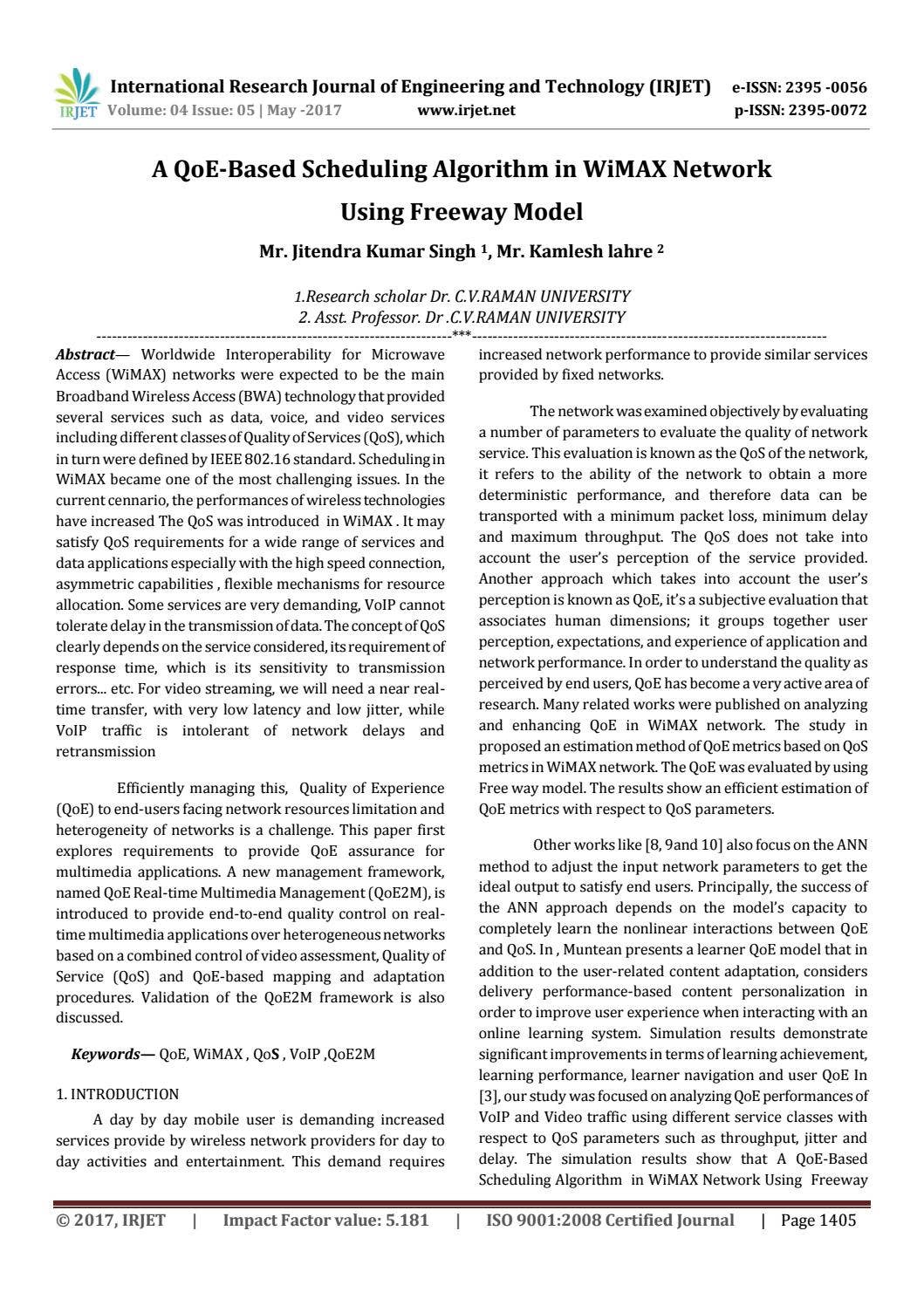 A QoE-Based Scheduling Algorithm in WiMAX Network using Free way Model by IRJET Journal - Issuu