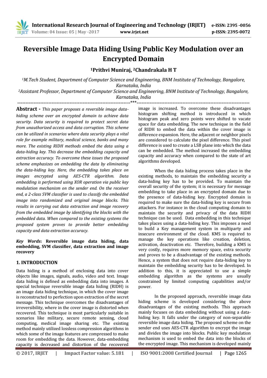 Reversible Image Data Hiding Using Public Key Modulation Over An Encrypted Domain By Irjet