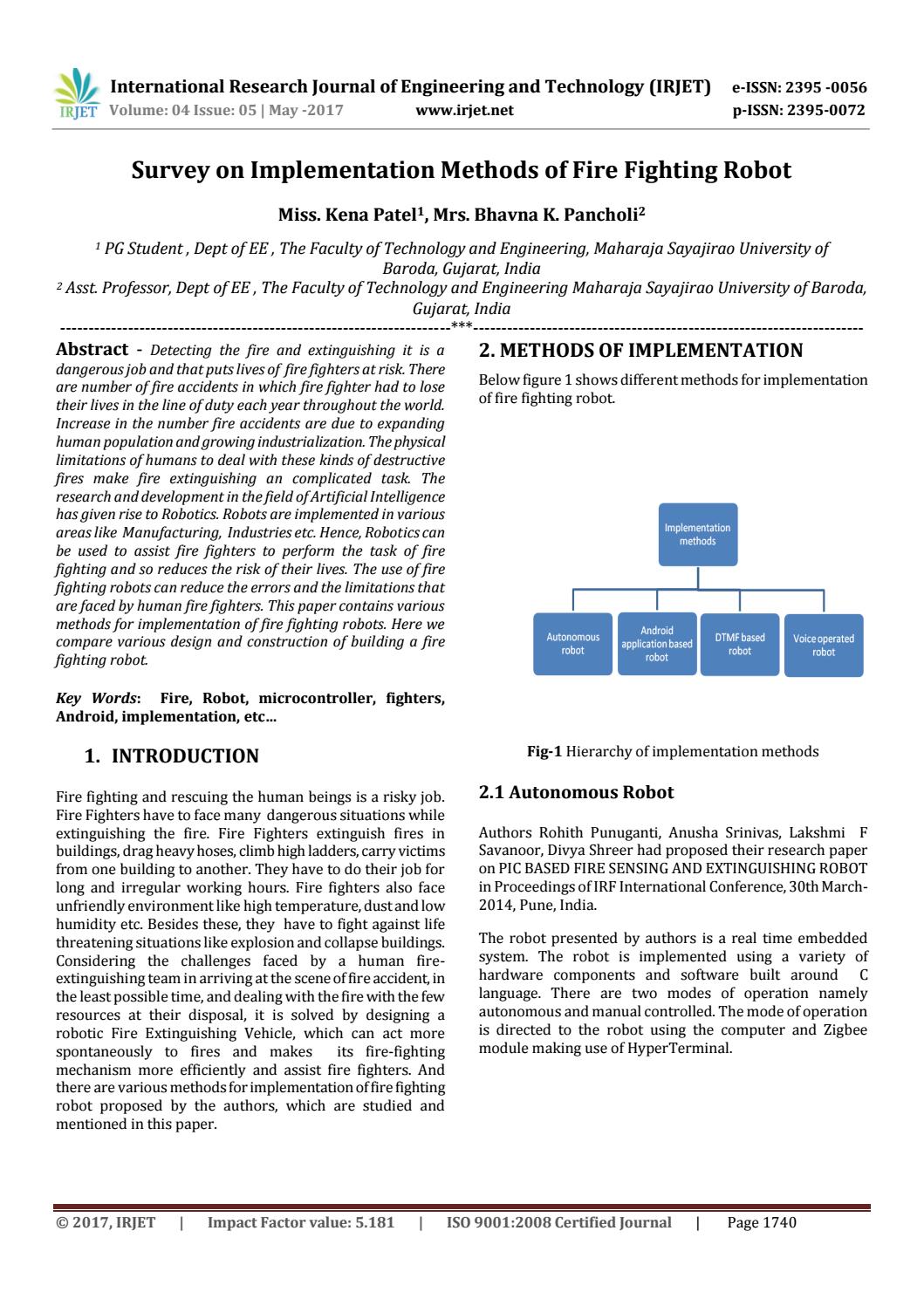 Survey on Implementation Methods of Fire Fighting Robot by IRJET ...