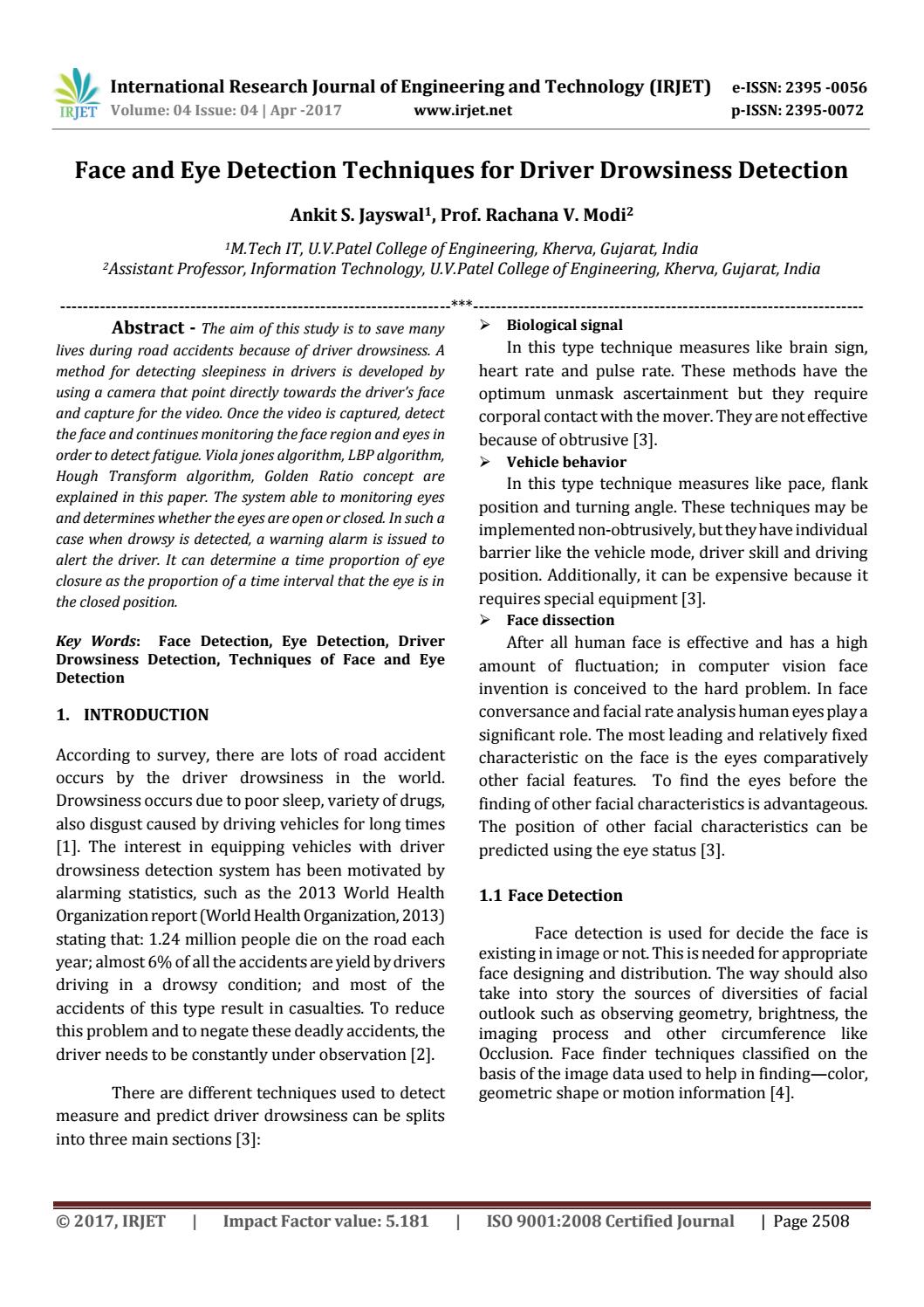 Face and Eye Detection Techniques for Driver Drowsiness Detection by ...