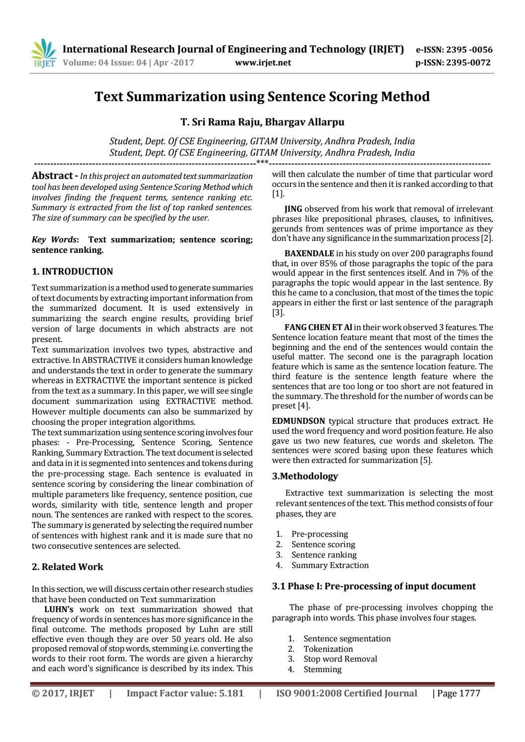 Text Summarization using Sentence Scoring Method by IRJET Journal - Issuu