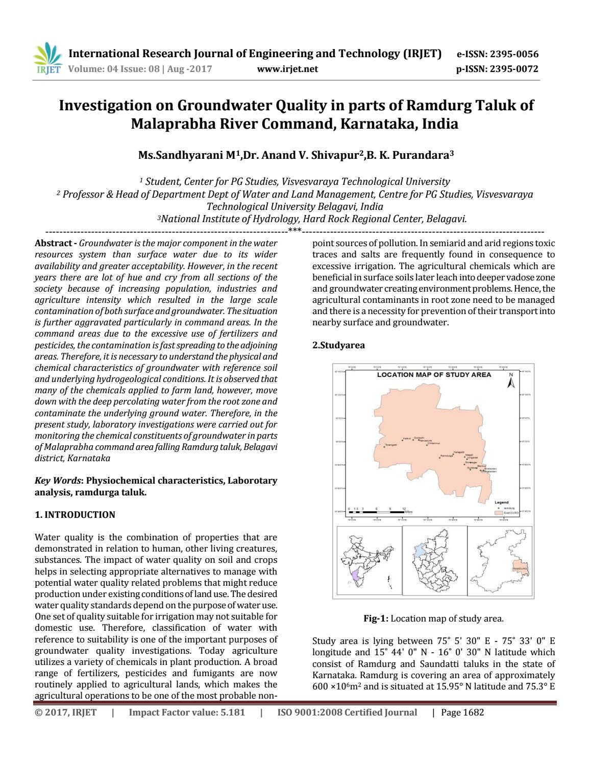 Investigation on Groundwater Quality in parts of Ramdurg Taluk of Malaprabha River Command ...