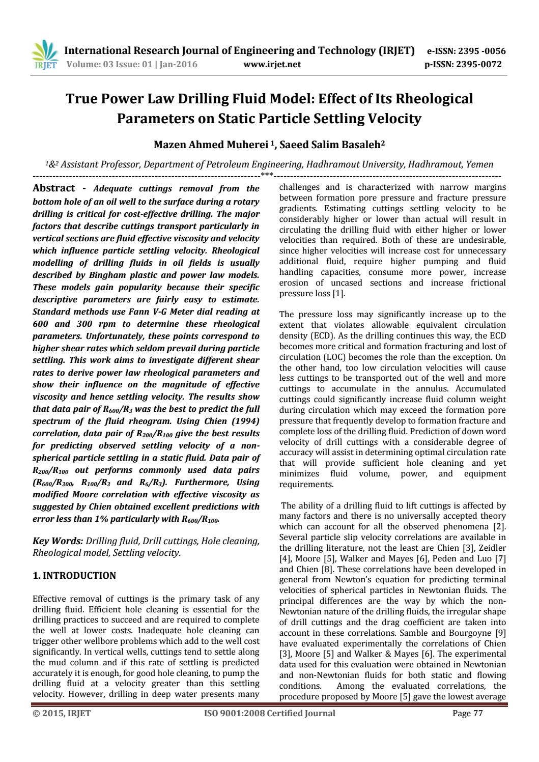 True Power Law Drilling Fluid Model: Effect of Its Rheological ...