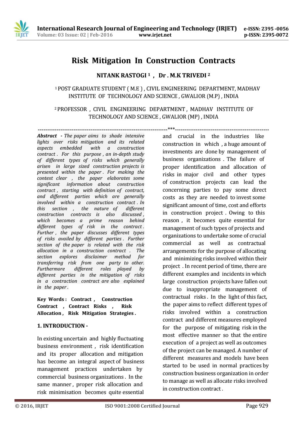 Risk Mitigation In Construction Contracts by IRJET Journal - Issuu