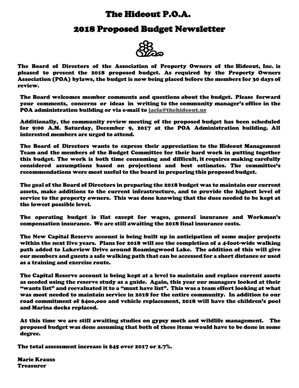 2018 Proposed Budget Newsletter by The Hideout - Issuu