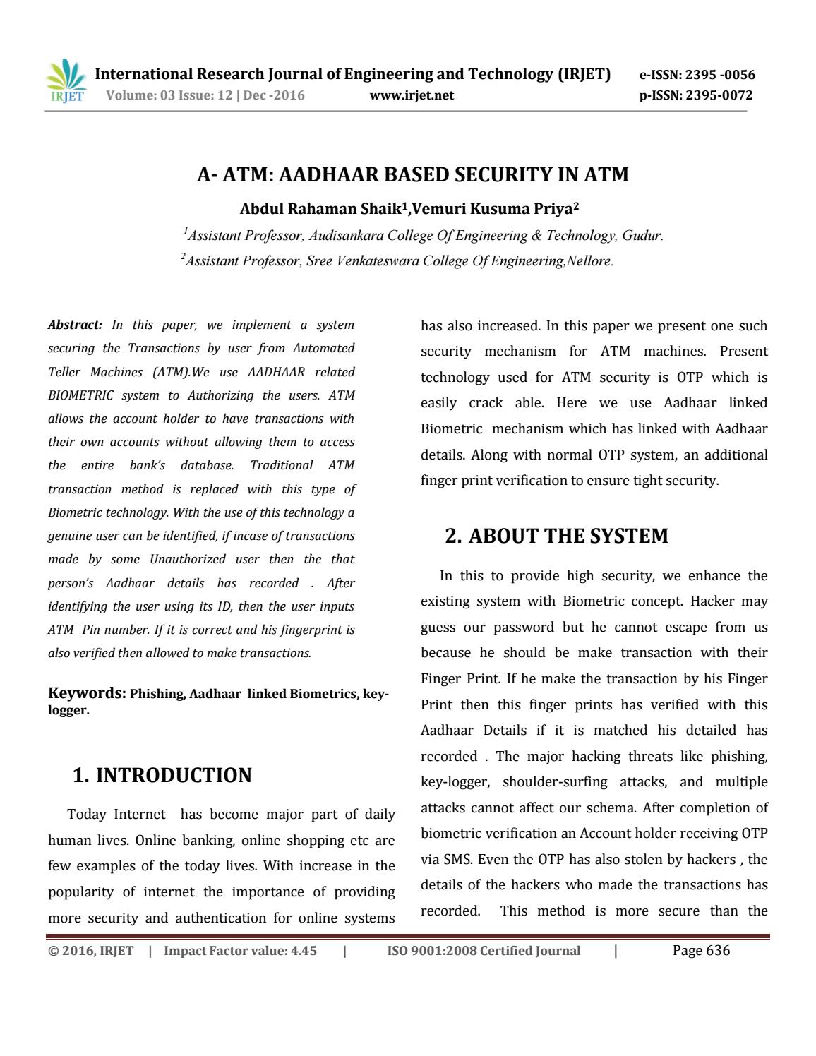 A- ATM: Aadhaar based security in ATM by IRJET Journal - Issuu