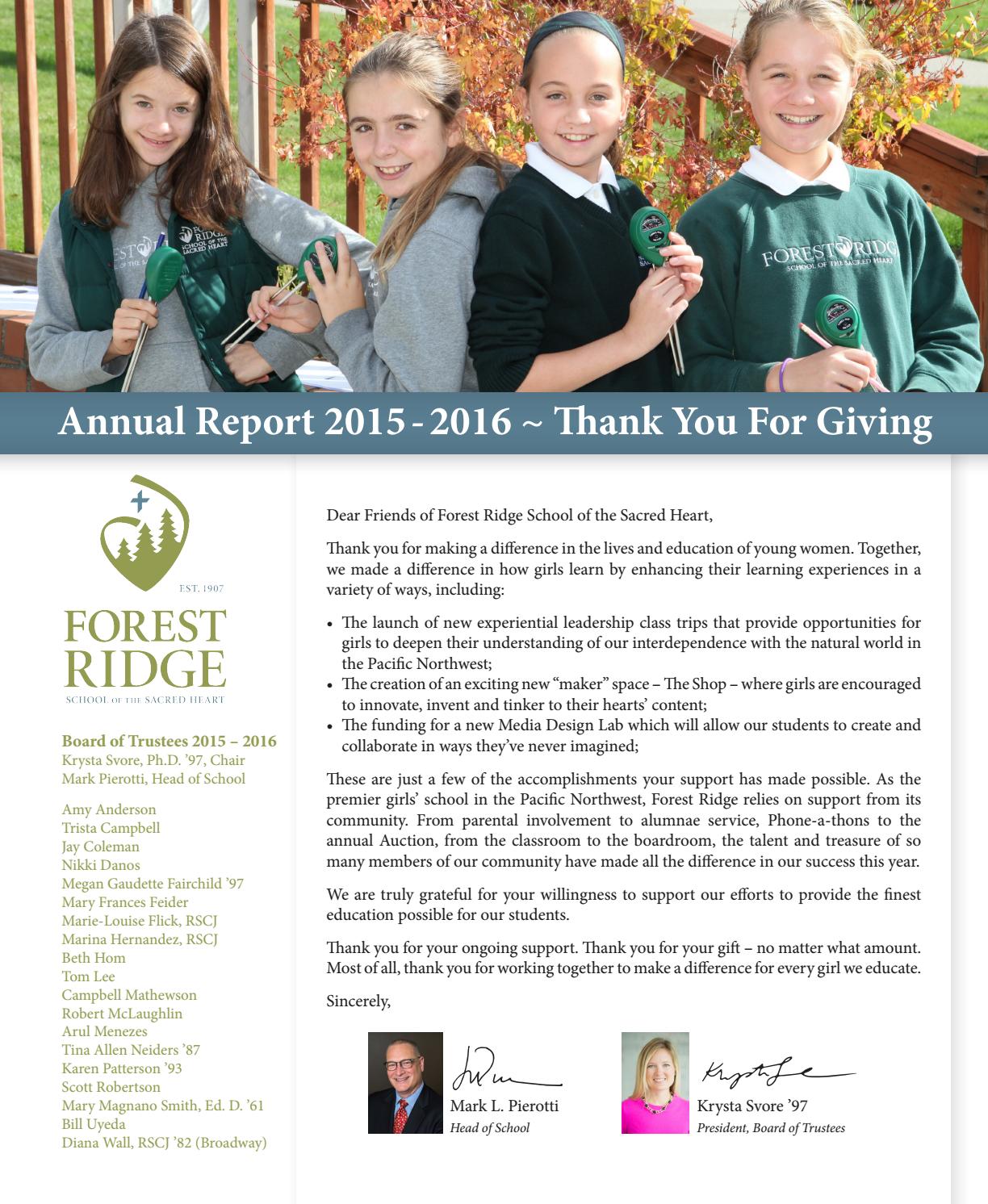 Forest Ridge Annual Report 2015-16 by Forest Ridge School of the Sacred ...