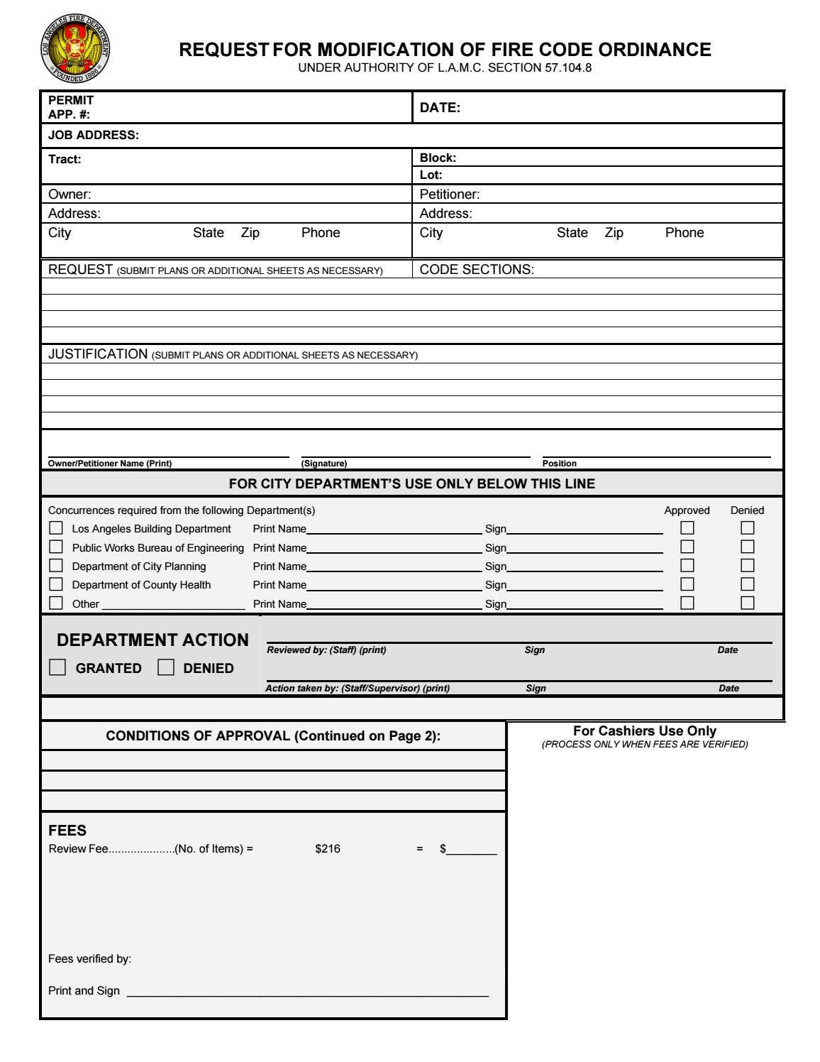 Request for Modification of Fire Code Ordinance Form by Los Angeles ...