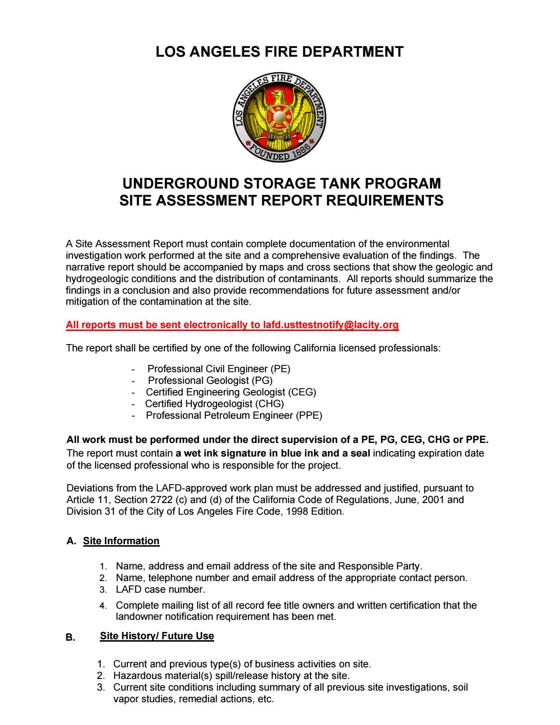 Ust site assessment report requirements by Los Angeles Fire Department ...