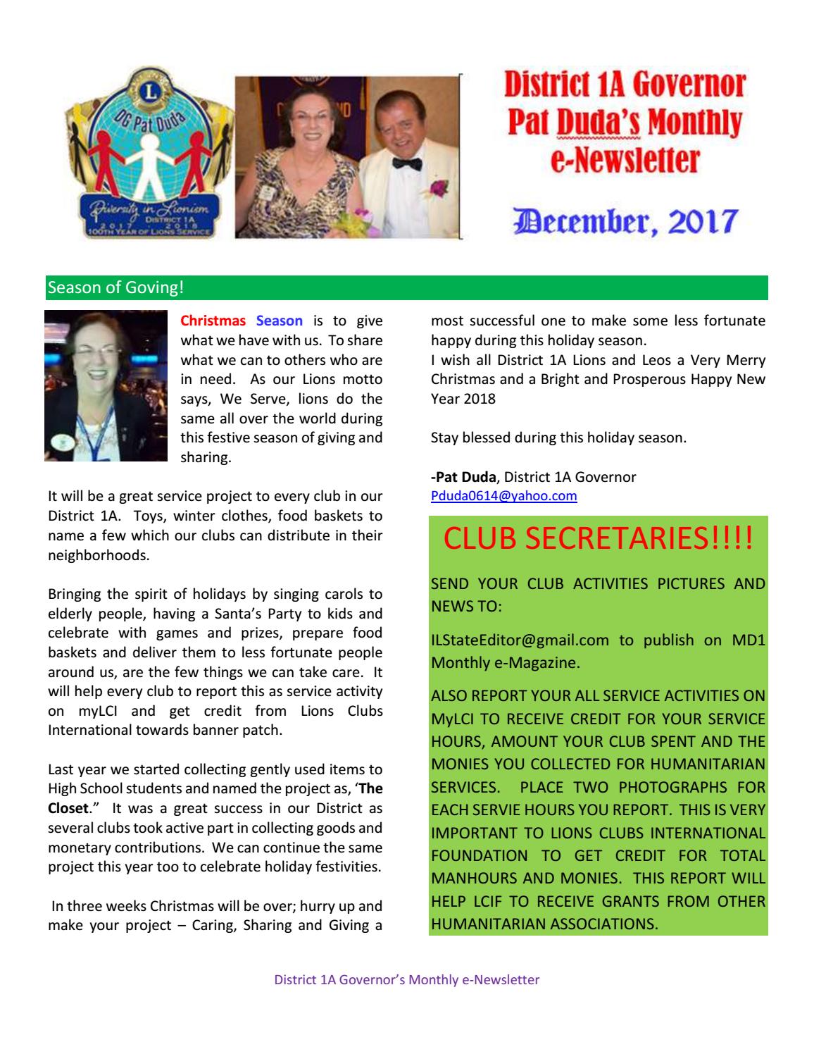 1A District Governor Pat Duda's December e-Newsletter by Dr. Austin ...
