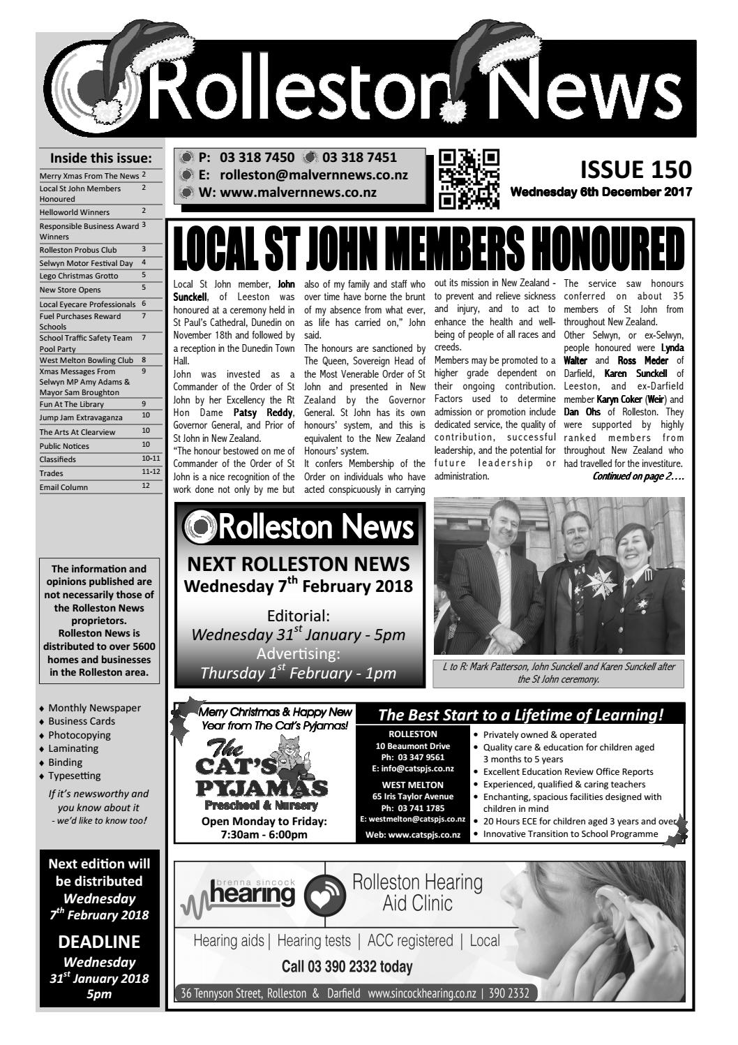 Rolleston News Issue 150 December 2017 by Malvern News - Issuu