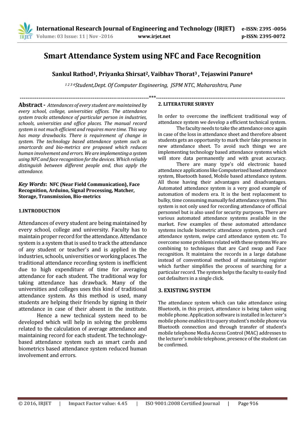 Smart Attendance System using NFC and Face Recognition by IRJET Journal ...