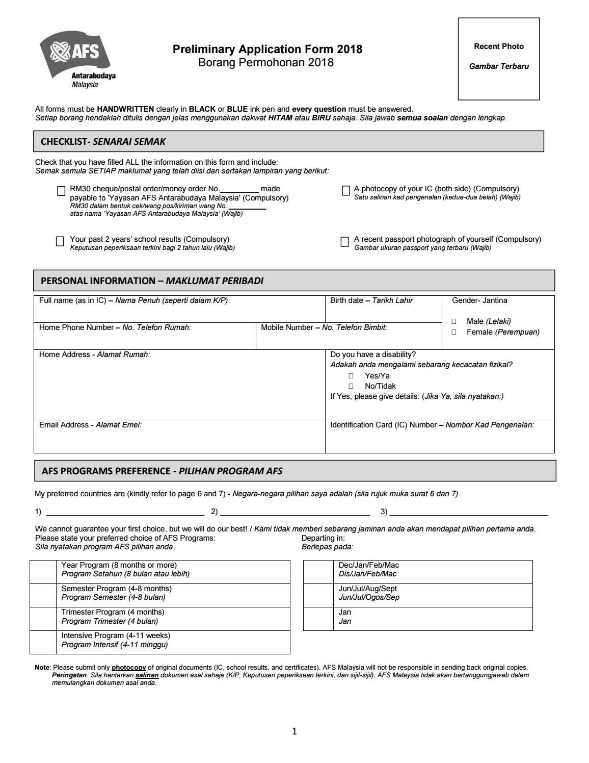 Afs preliminary application form 2018 by AFS Malaysia - Issuu