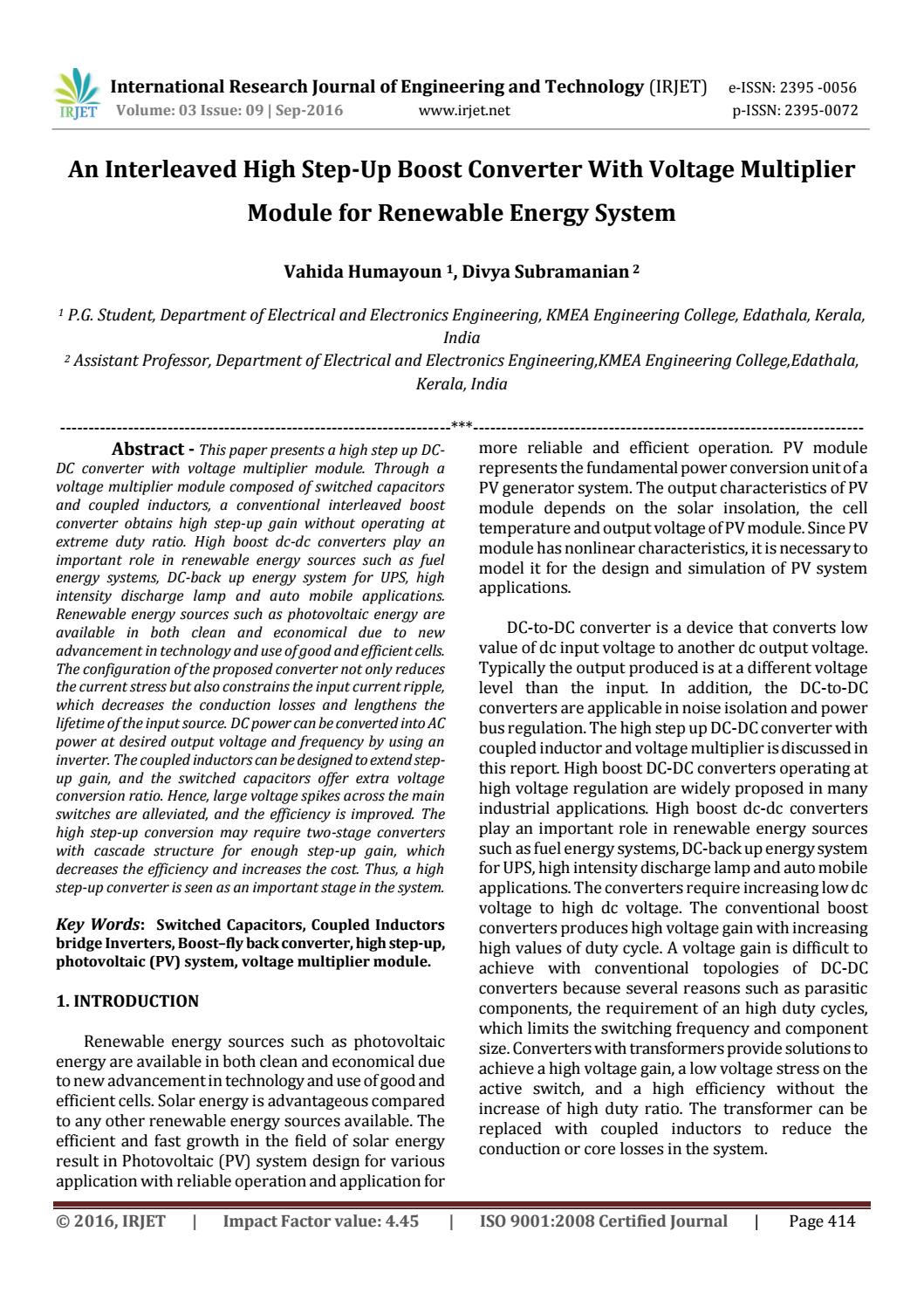 An Interleaved High Step-Up Boost Converter With Voltage Multiplier ...