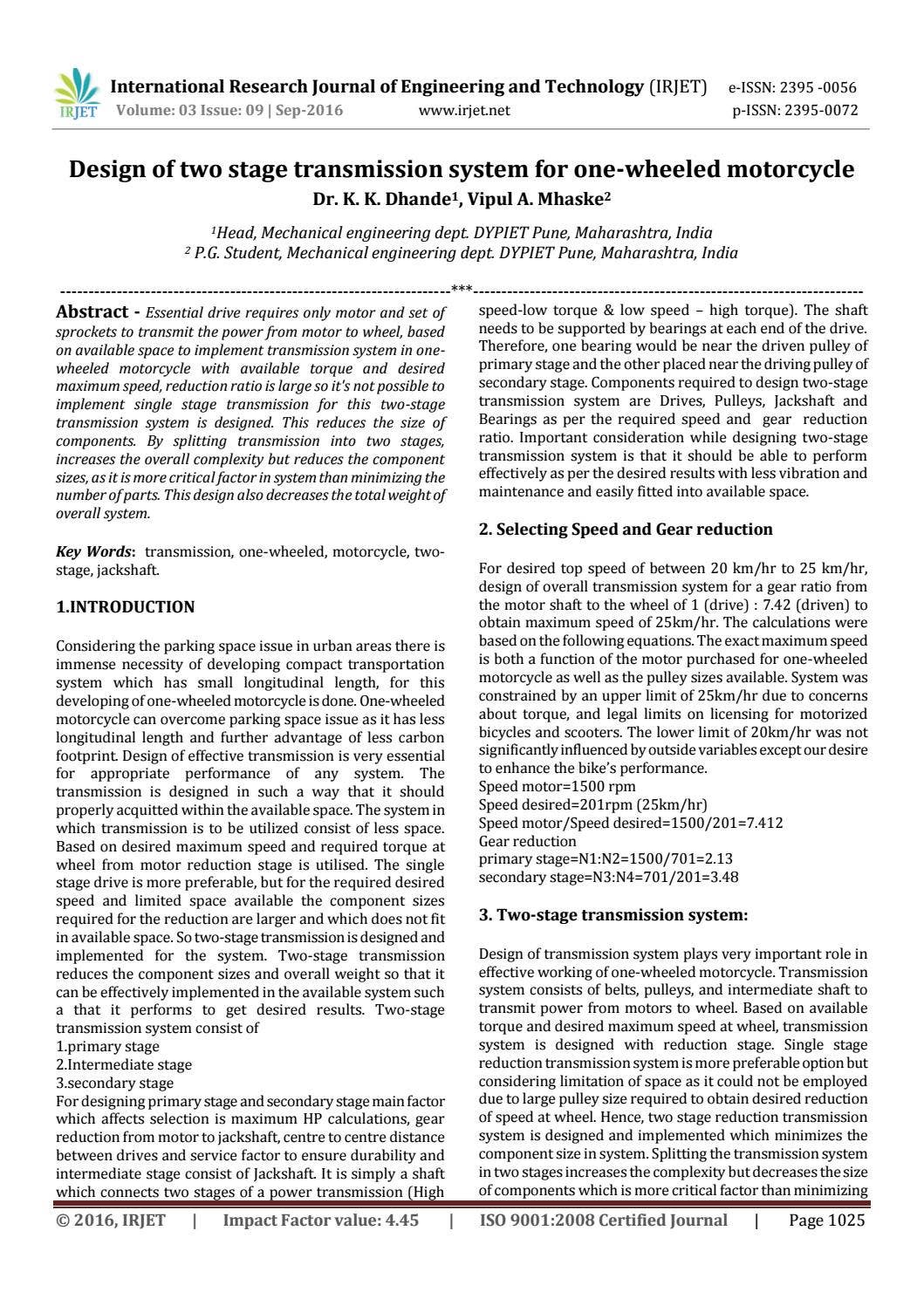 Design of two stage transmission system for one-wheeled motorcycle by ...