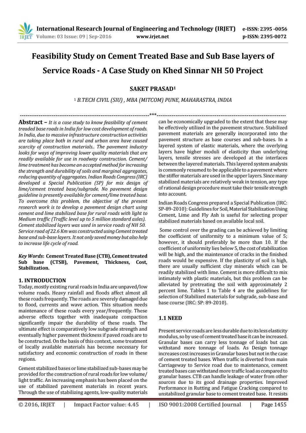 Feasibility Study on Cement Treated Base and Sub Base layers of Service Roads - A Case Study on ...